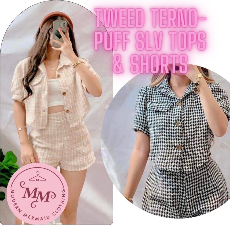 NEW‼️Korean Tweed Terno/Coordinates PUFF SLEEVE TERNO FREESIZE/PETITE ...