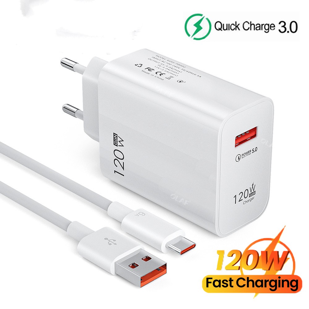 120W USB Charger Fast Charging Power Adapter 6A Type C Cable for Huawei ...