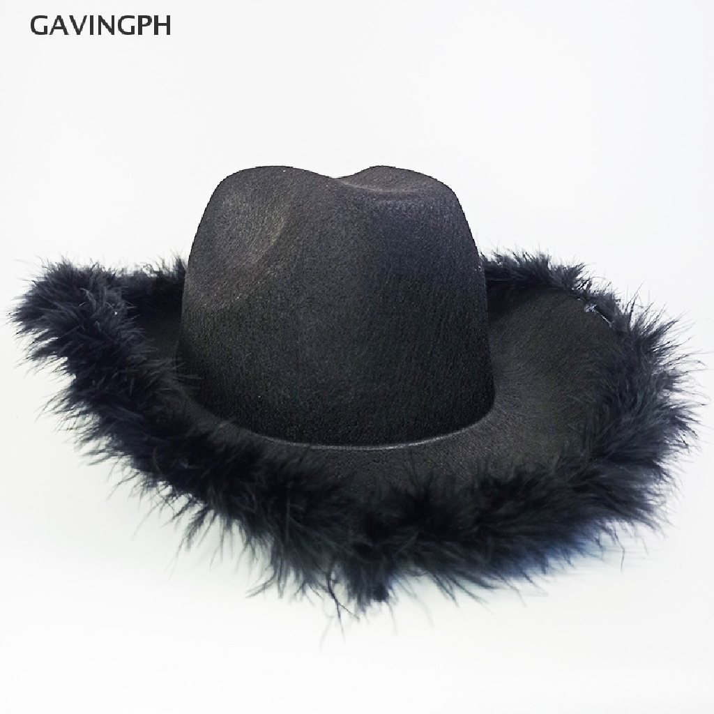 [GAVFACC] 1Pc Fluffy Feather Brim Cowboy Hat Wide Brim Cowgirl Hat Rave ...