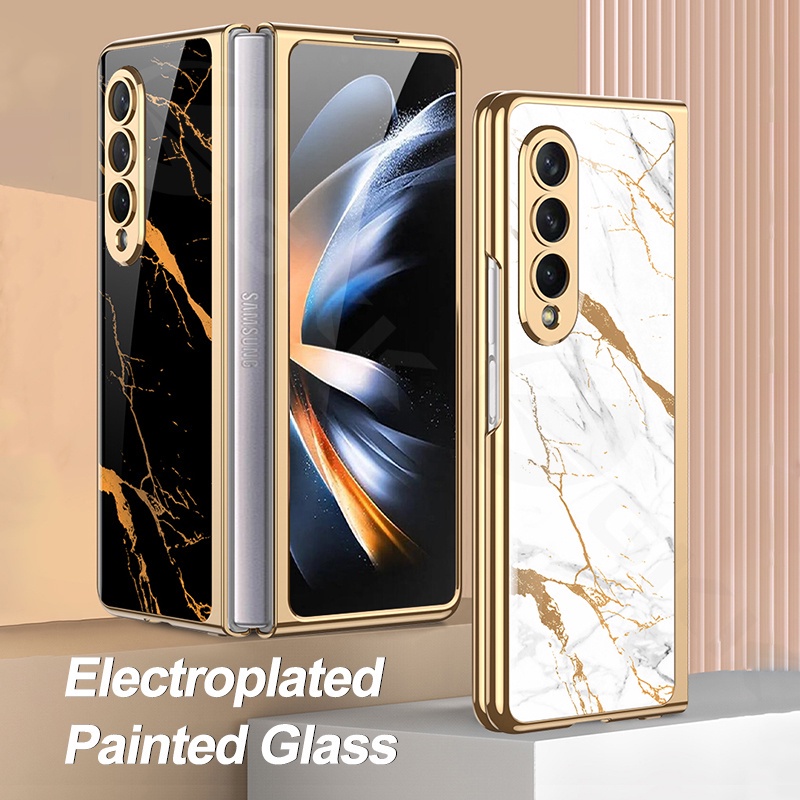 For Galaxy Z Fold 4 3 Case Electroplated Pattern Tempered Glass Cover ...