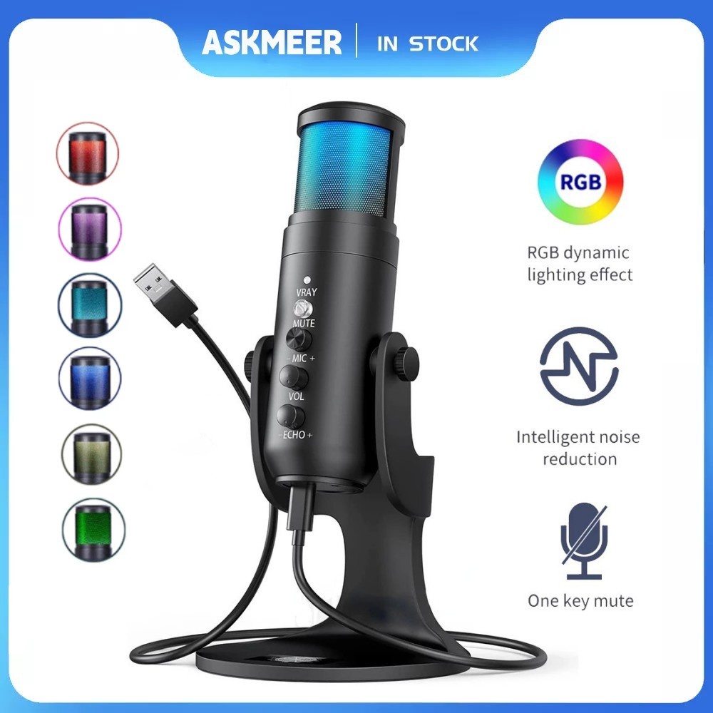 USB PC Gamer Microphone RGB Mute Professional Condenser Microphones For ...