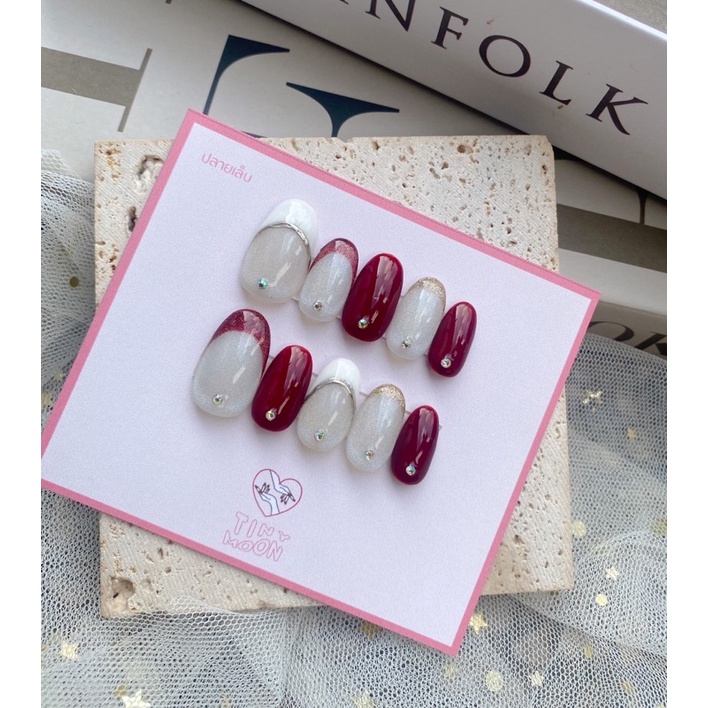 Handmade Real Gel Nails Set Clear Color White Tip Red Shot Diamond ...
