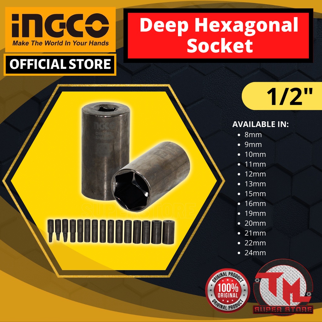 INGCO Deep Hexagonal Socket 8mm/9mm/10mm/11mm/12mm/13mm/15mm/16mm/19mm ...