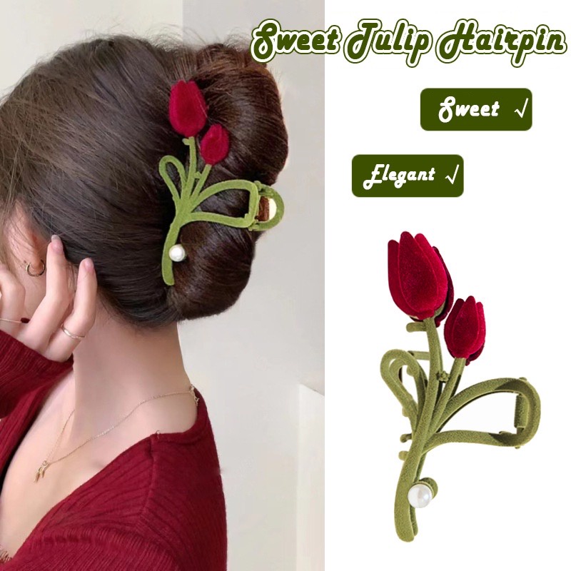 New Elegant Velvet Tulip Grip Clip Vintage Red Shark Hairpins Ladies ...