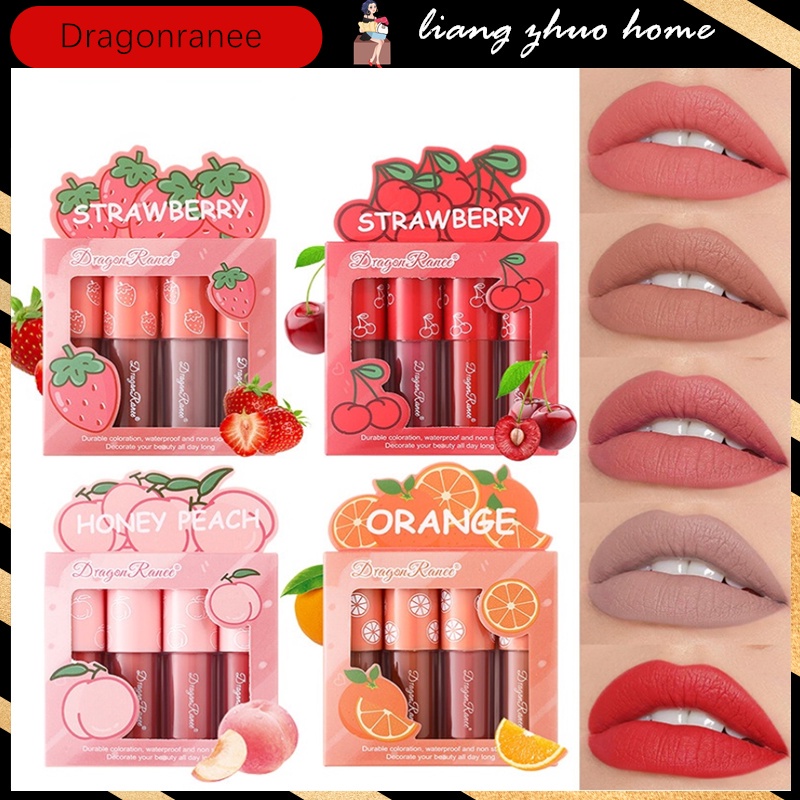 Dragon Ranee 4Pcs/Box Peach Pink Long Lasting Velvet Matte Lip Gloss ...