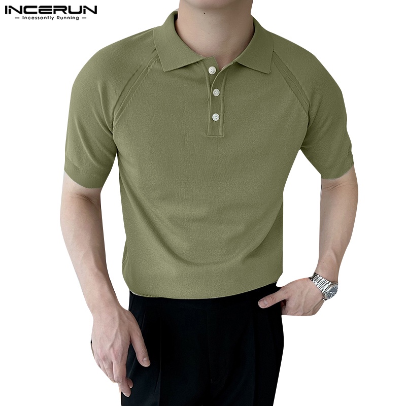 INCERUN Men's New Leisure Short Sleeve Solid Color Collared Business ...