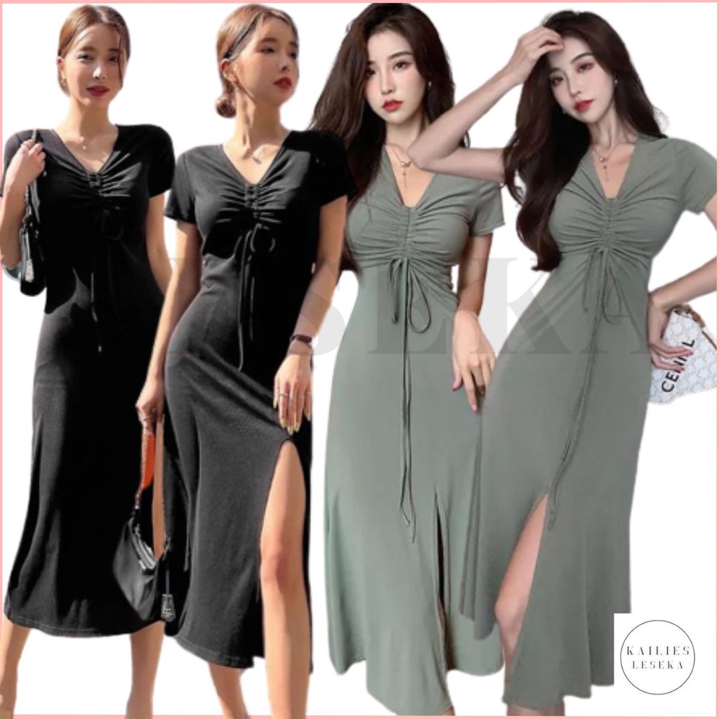 LESEKA Morticia Drawstring Maxi Slit Plain Dress Knitted Fabric Fit ...