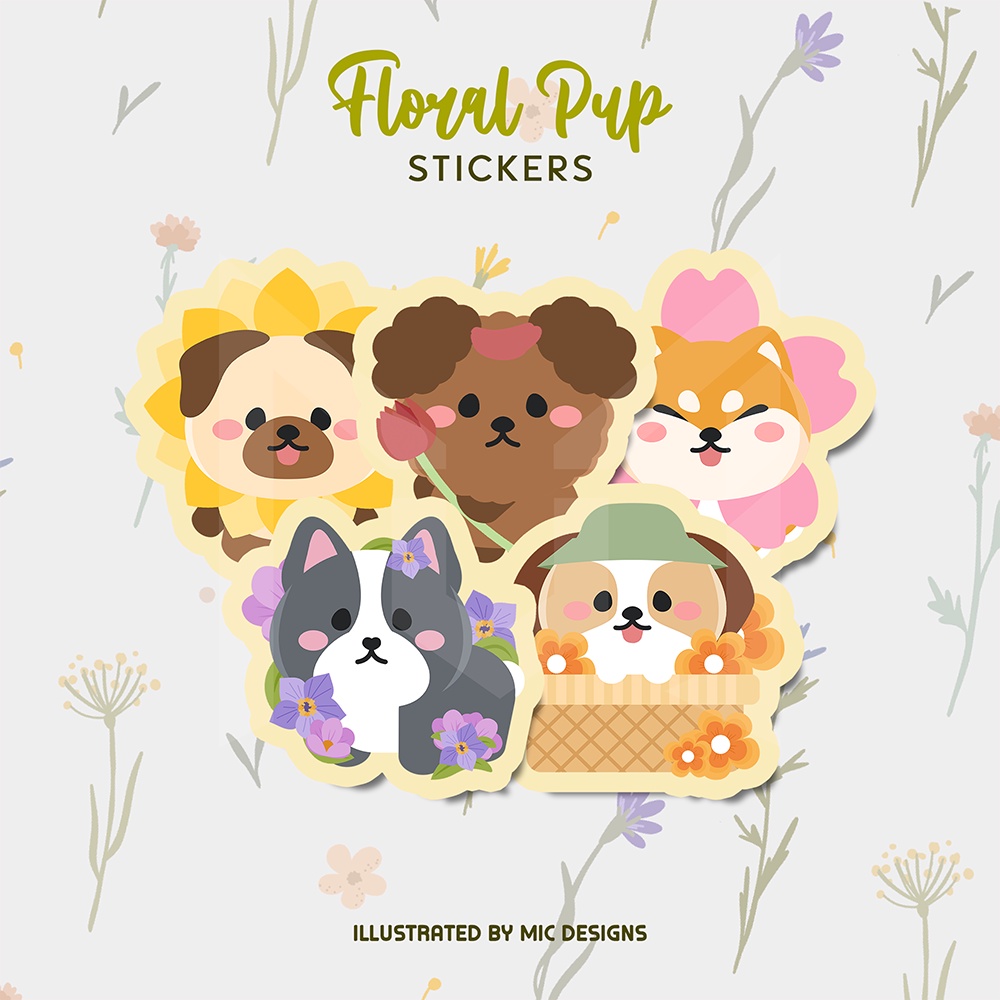Floral Pup Sticker Pack (5pcs) | Flower Puppies Waterproof Journal ...