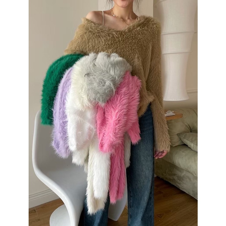 New Korean Version Sweater Fur Fabric Loose V-Neck Long Sleeve Thick ...