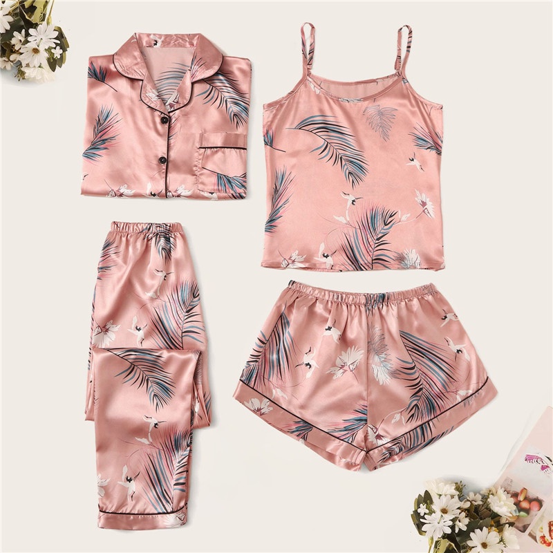 4 Pieces Silk Pajamas Sets For Women Sexy Nightwear Sex Sexy Sling