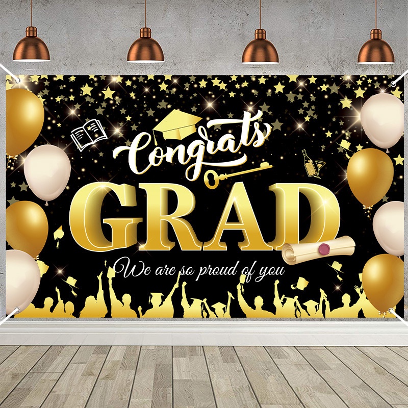 Congrats Grad Backdrop Banner Black And Gold Bachelor Cap Balloon Party ...