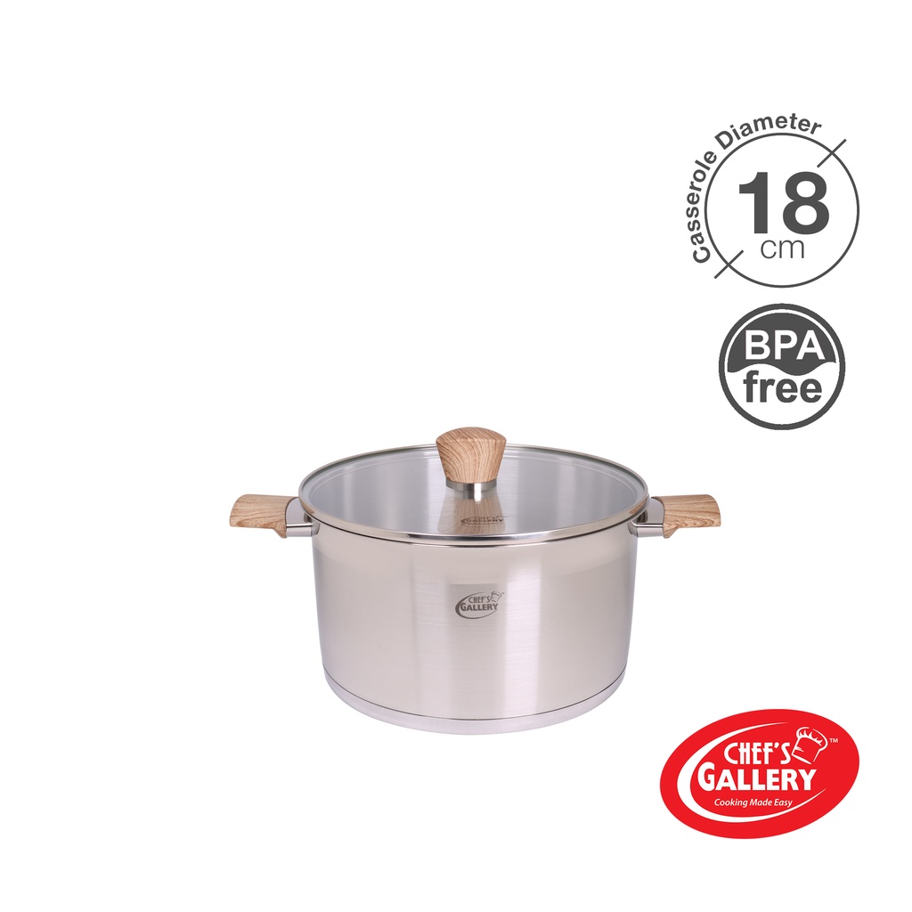 Chef’s Gallery Stainless Steel Casserole w/ Glass Lid 18cm & Wooden ...