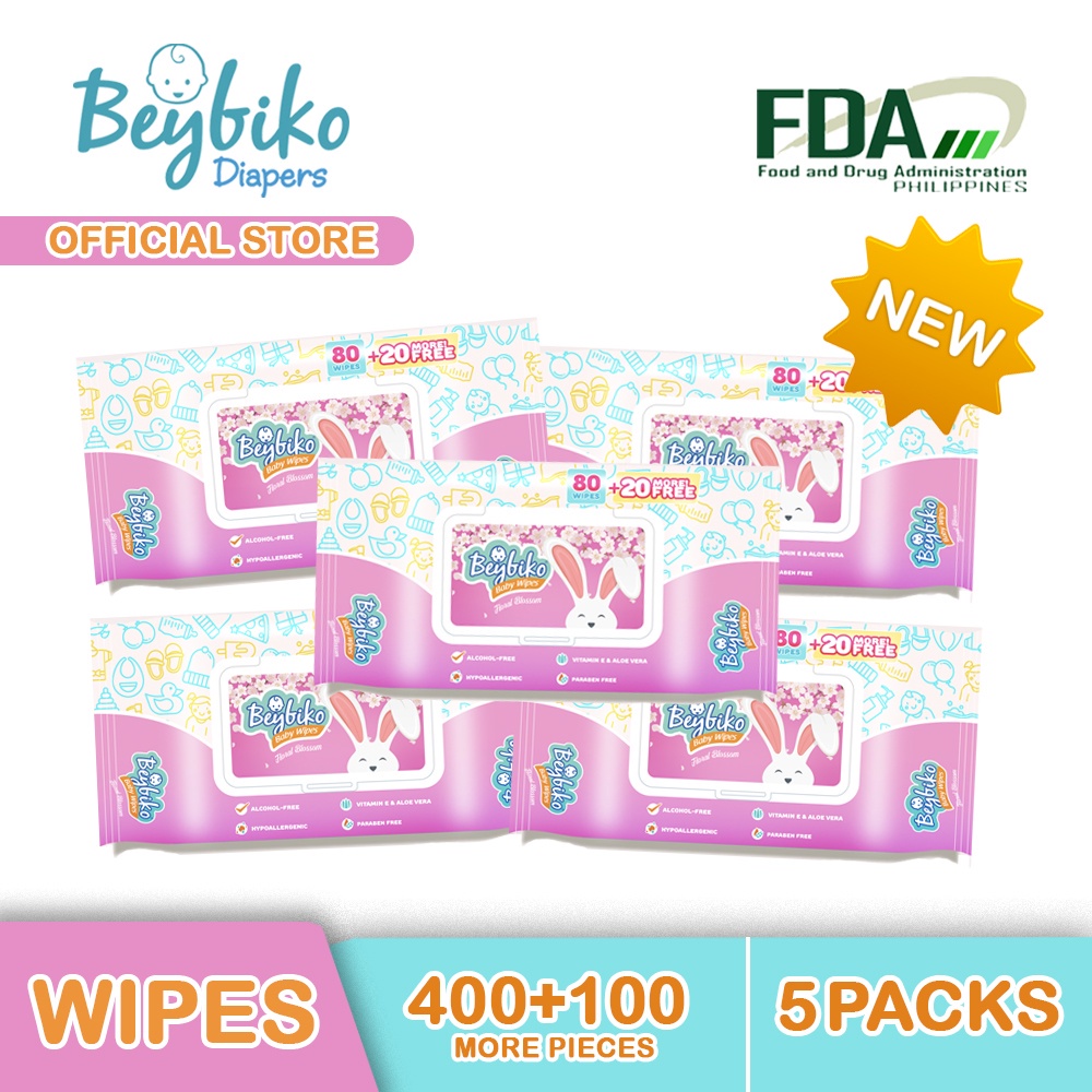 Beybiko Baby Wipes Floral Scented 80 sheets + 20 sheets free X 5 Pack ...