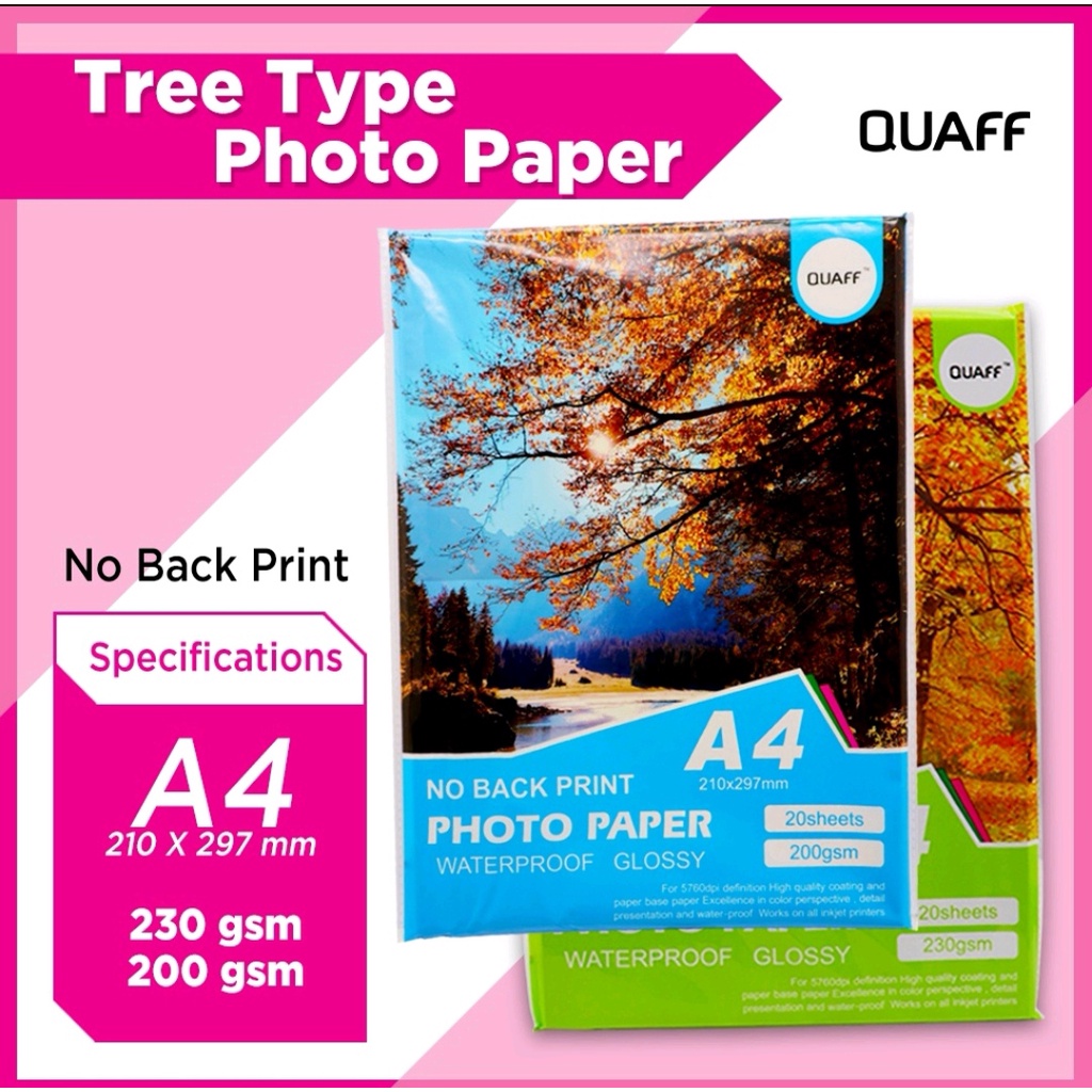 QUAFF Tree Type Photo Paper Glossy No Back Print A4 Size (20 sheets per pack) || 200GSM and ...
