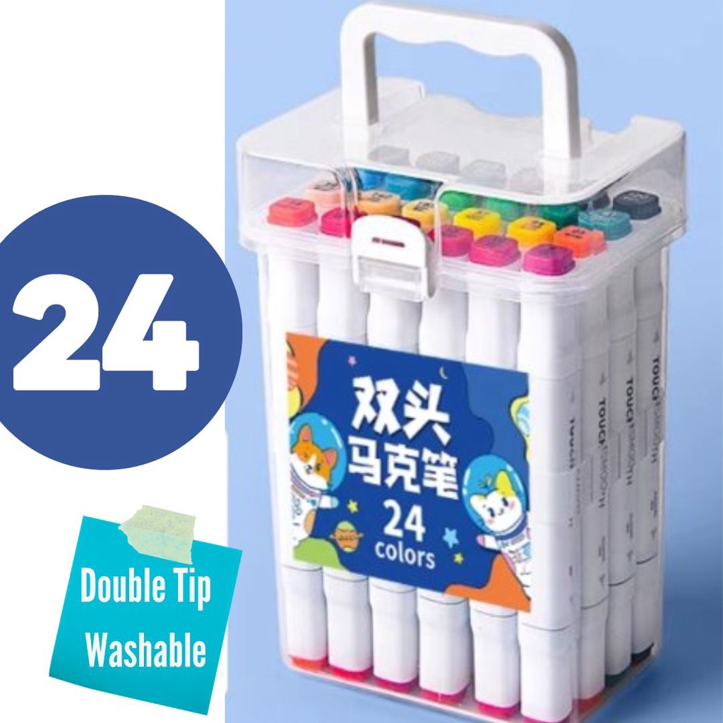Markers double-tip colored markers with casing (24 pens) washable ...