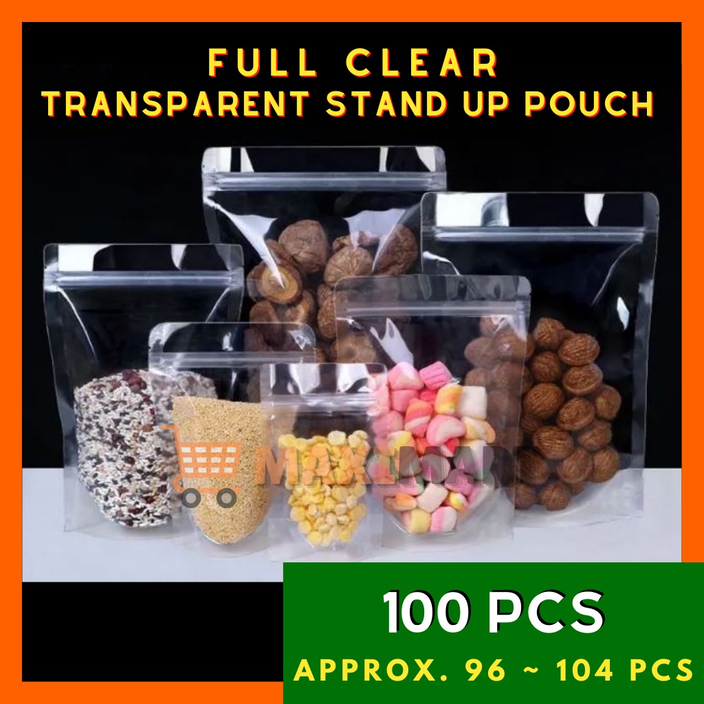100 pcs Full Clear Stand Up Pouch with Lock Pouch Resealable Plastic Packaging Zip Bag | Shopee ...