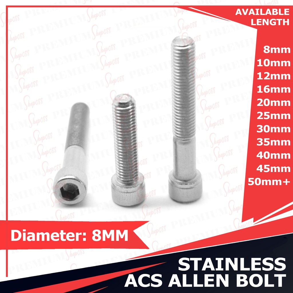 M8 8MM Stainless Allen Bolt Socket Head Cap Screw Coarse 1.25P Capscrew ...