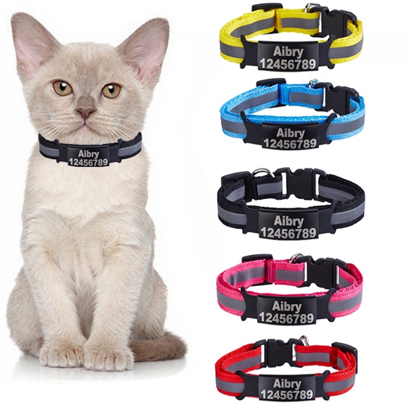 Custom ID Name Tag Cat Collar Bell Necklace Safety Reflective Nylon ...