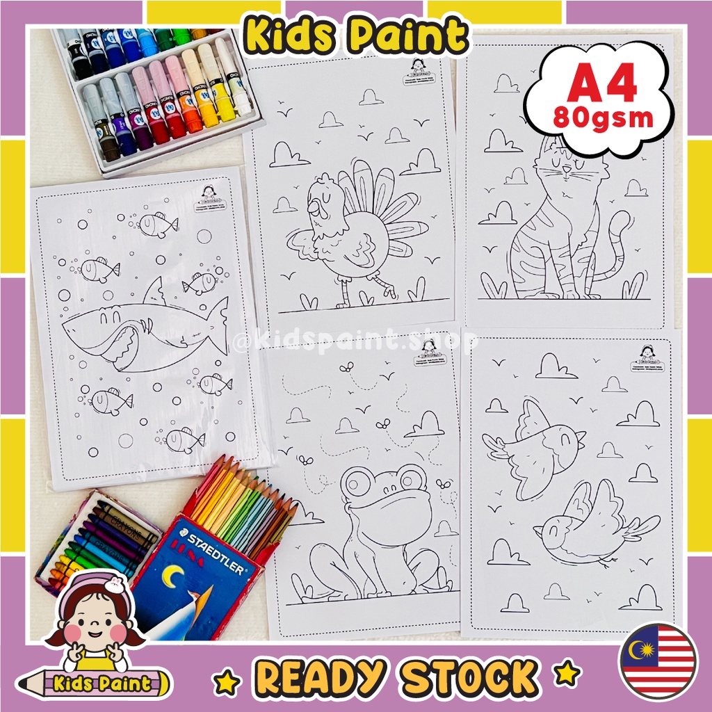 [KidsPaint] Cartoon Animals 13 Sheets Kids Coloring Paper (A4 Print Out ...