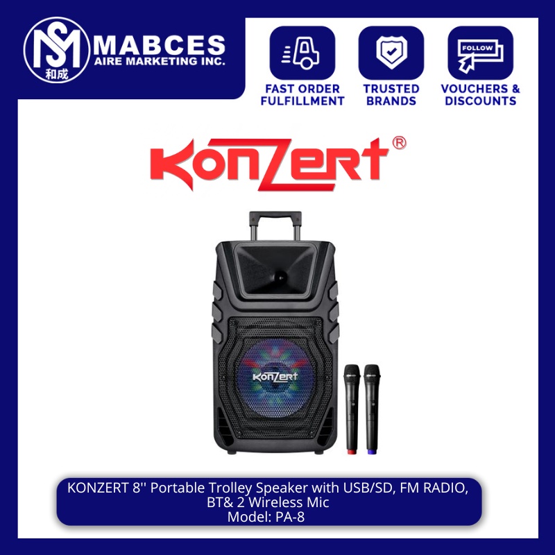Konzert 8'' 200w Portable Trolley Speaker with USB/SD, FM RADIO, BT ...