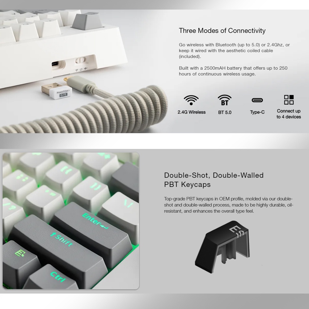 Tecware Phantom+ ELITE Wireless 87 Keys RGB 3 Modes Mechanical Keyboard ...
