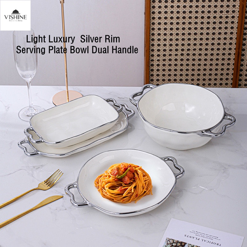 Nordic Silver Rim Ceramic Tableware Baking Dish Dinner Plate Dual Ear ...