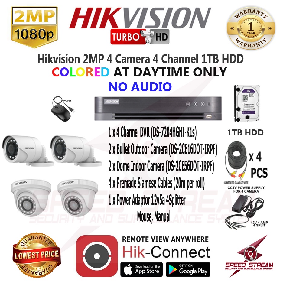 Hikvision 2MP 4 Camera 4 Channel DVR 1TB HDD Turbo HD CCTV Package ...