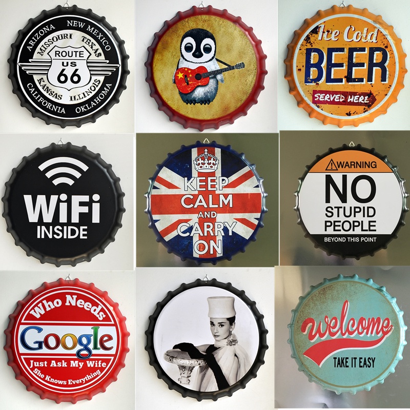 35CM Beer Bottle Cap Retro Plaque Metal Tin Signs Cafe Bar Pub ...