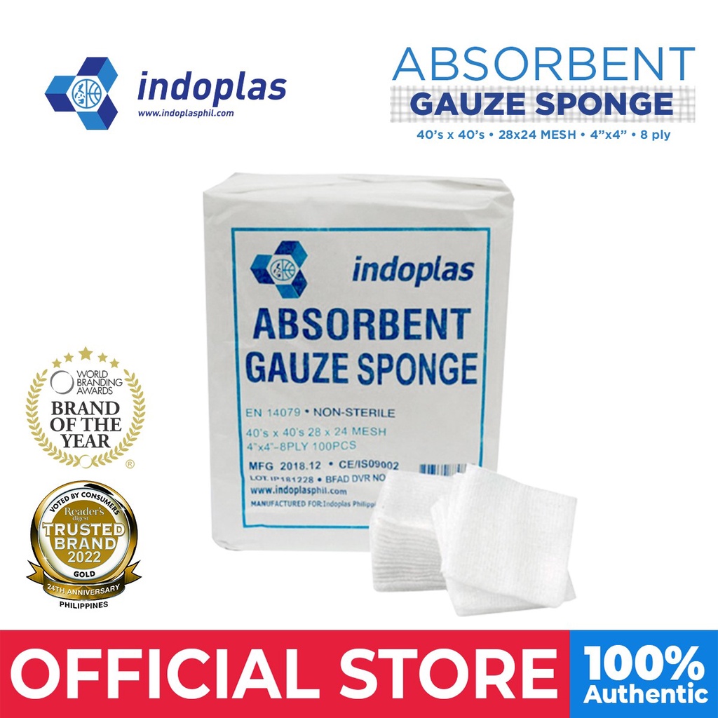 Indoplas Absorbent Gauze Sponge Pad Non-Sterile 4x4-8ply Pack of 100 ...