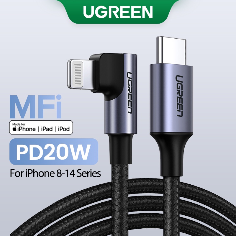 UGREEN 90 Degree Right Angle MFI USB-C to Lightning Cable Nylon Braided ...