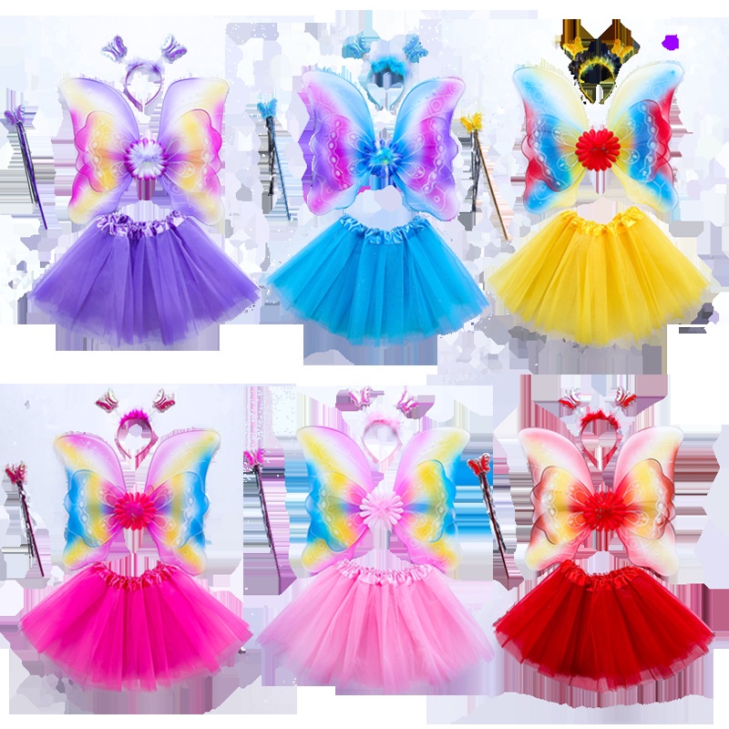 4Pcs Girls Fairy Costume Set Rainbow Butterfly Wings Tulle Tutu Skirt ...