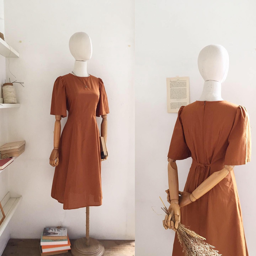 1746/7 Linen Flare Sleeve Midi Dress in Rust | Shopee Philippines