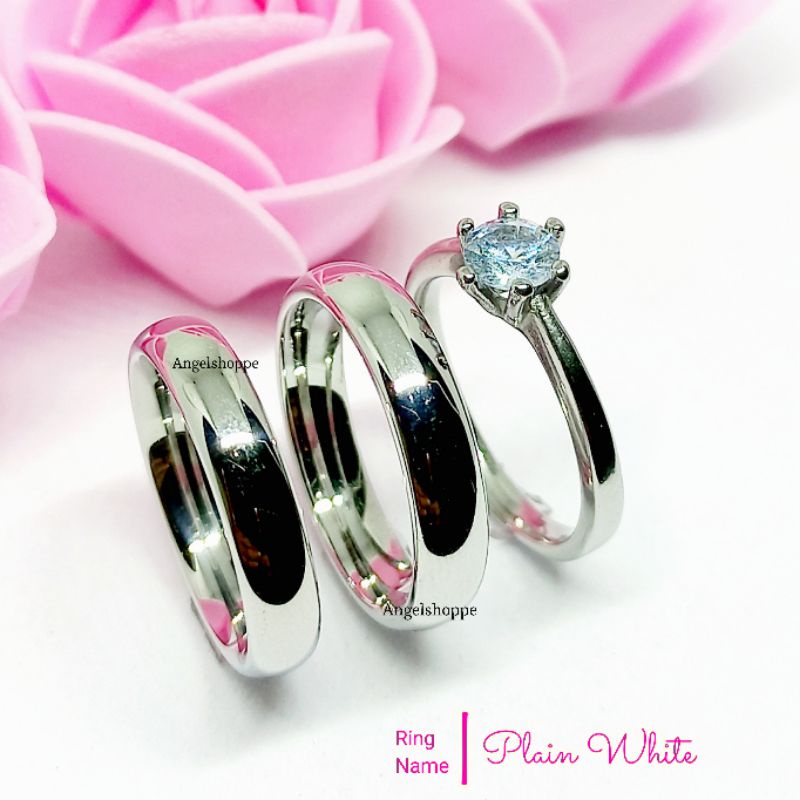 PLAIN WHITE COUPLE RING SET 3in1 (Wedding ring and Engagement Ring ...