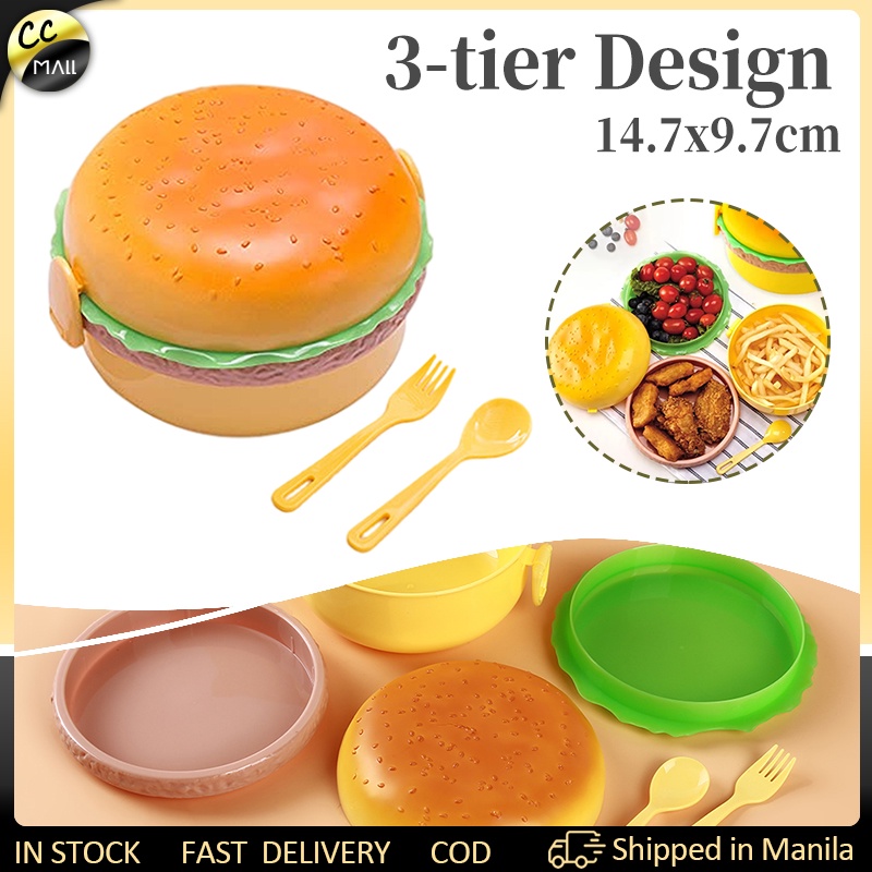 Hamburger Lunch Box with Fork & Spoon 3 Tier Cute Burger Bento Box ...