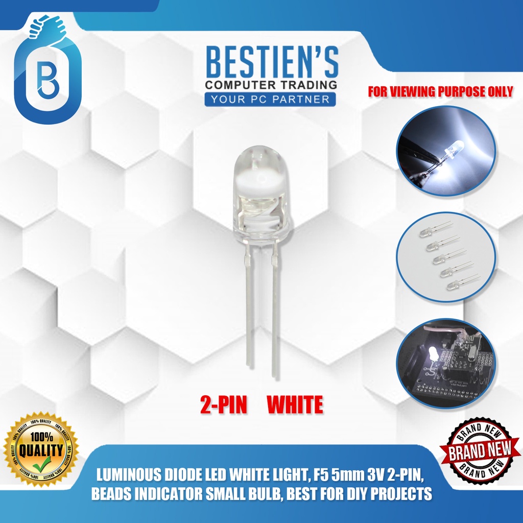 LUMINOUS DIODE LED WHITE LIGHT, F5 5mm 3V 2-PIN, BEADS INDICATOR SMALL ...