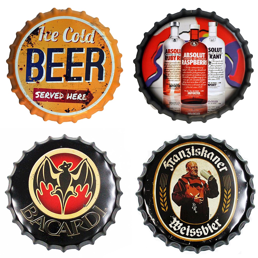 35CM Beer Bottle Cap Retro Plaque Metal Tin Signs Cafe Bar Pub ...