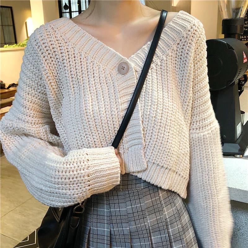 【Hermarou】Korean Crop Top Knit Sweater Cardigan Women Casual Loose Soft ...