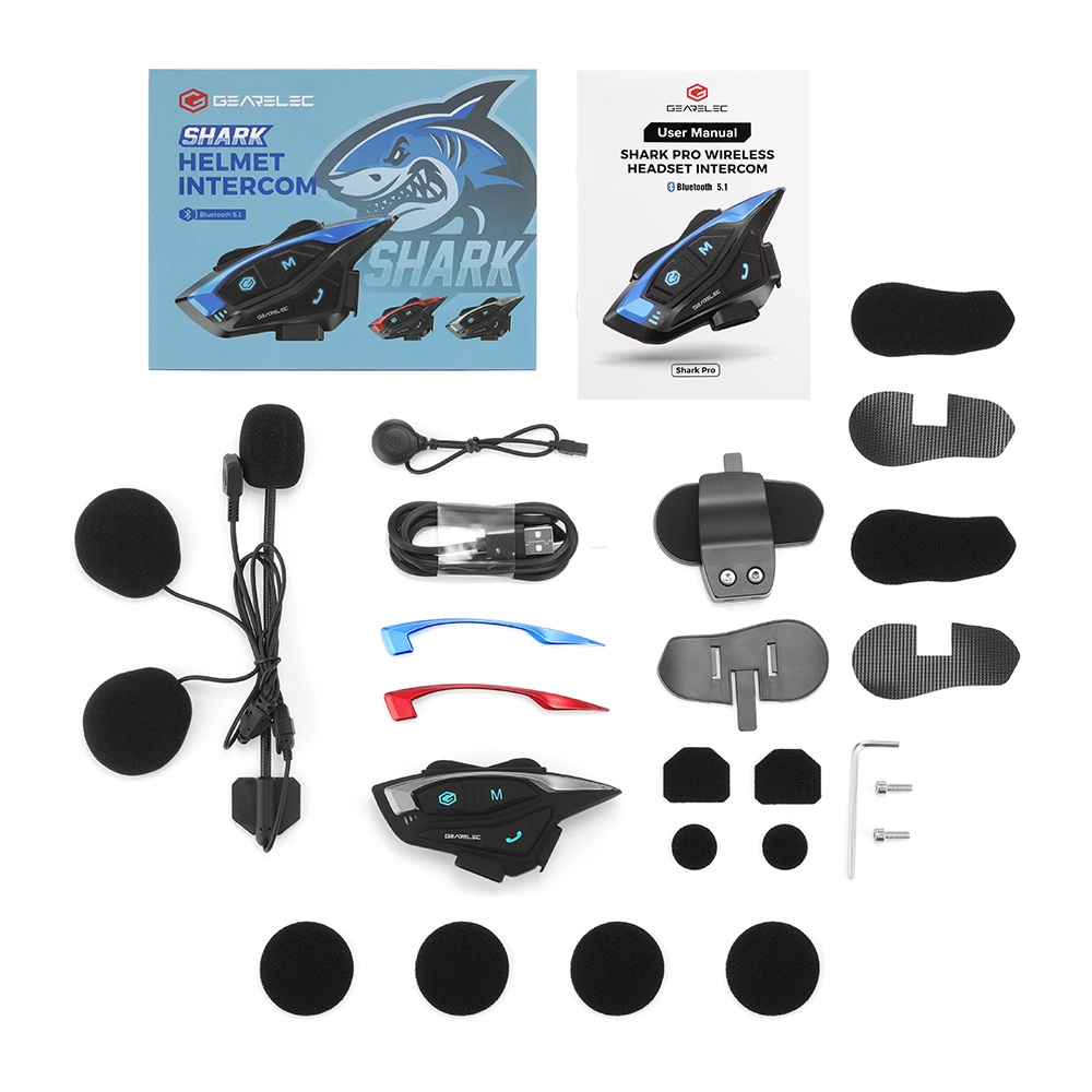 GEARELEC Shark Bluetooth Motorcycle Intercom Helmet Headset 1000m ...