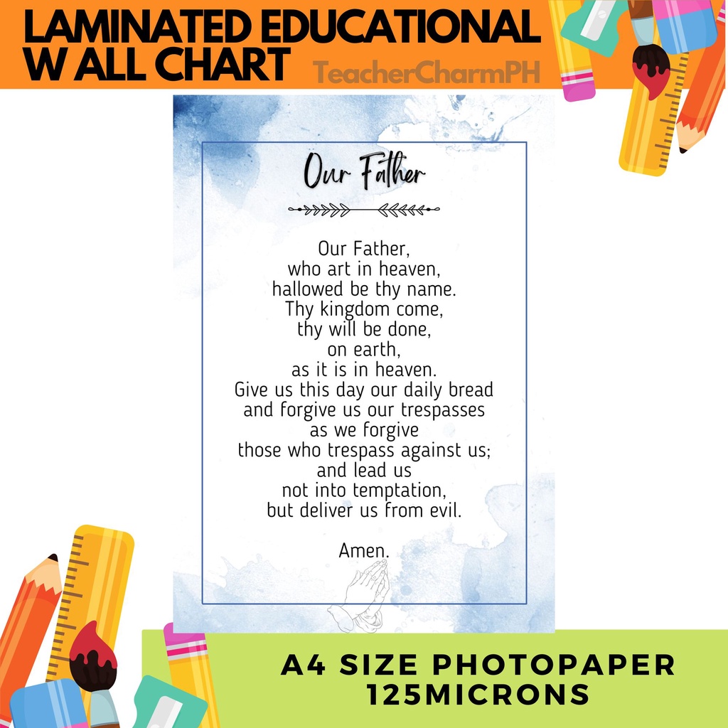 Laminated Prayer Chart (Our Father, Angel of God, Hail Mary, Bless Us ...