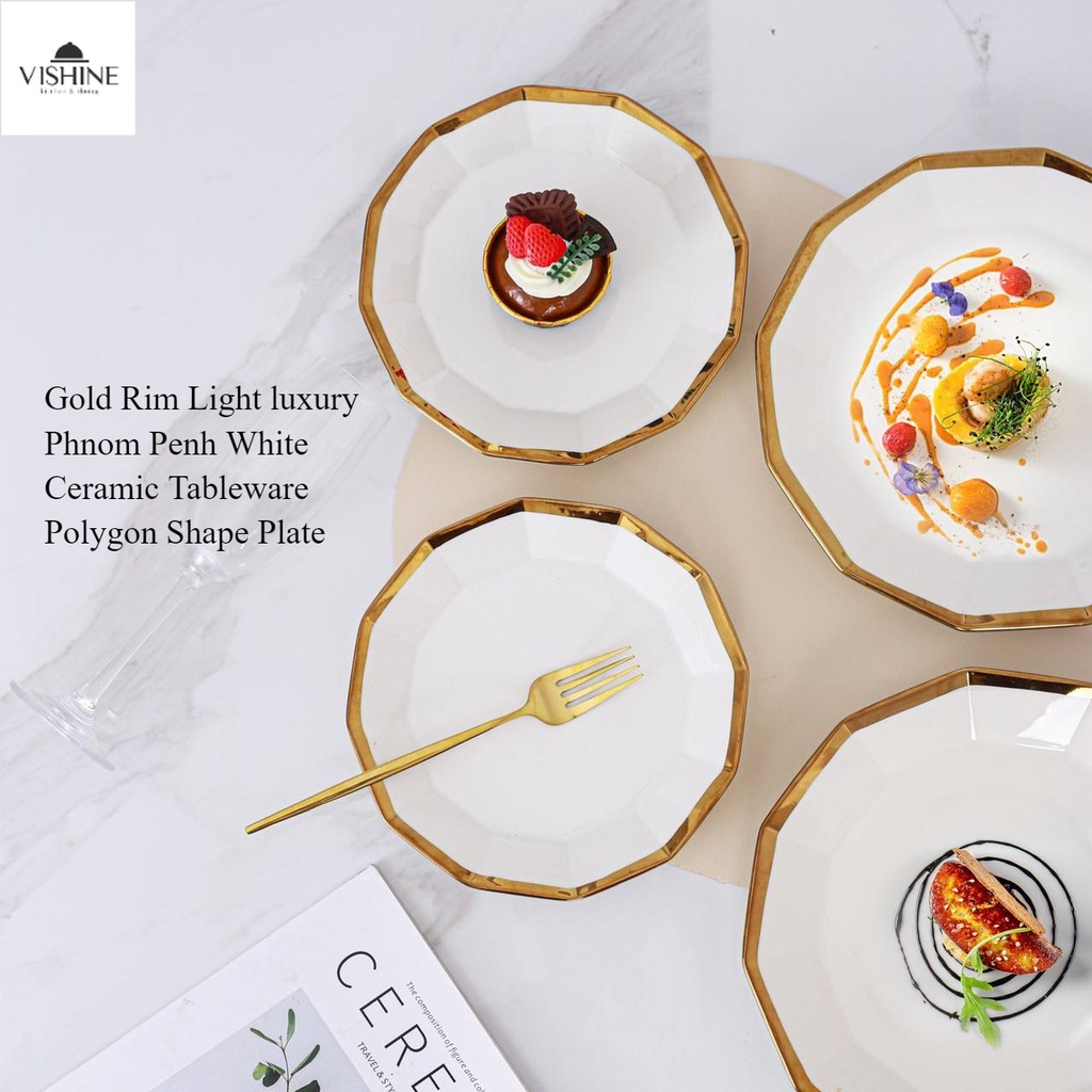 Luxury Ceramic Gold Rim Tableware Polygon Shape Dinner Plate Salad ...