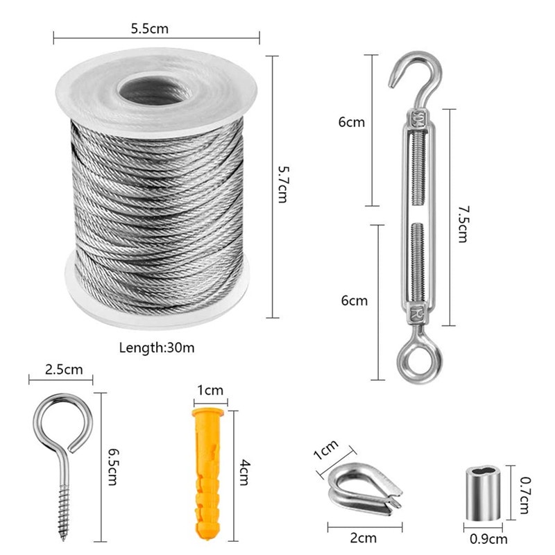 15/30m Turnbuckle Wire Tensioner Kit with Stainless Steel Cable for ...