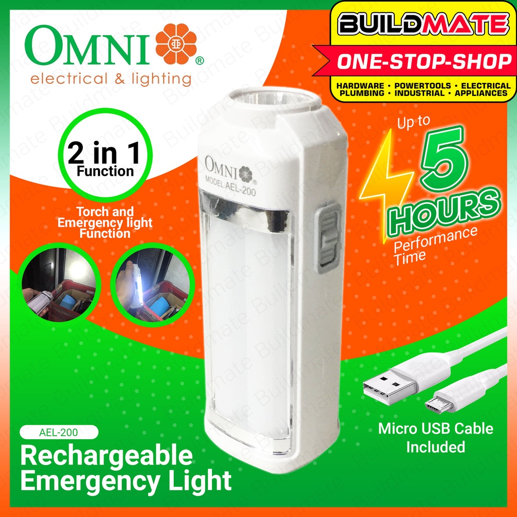 BUILDMATE Omni LED Rechargeable Emergency Light 2 in 1 Function Flashlight LED Light AEL-200 ...