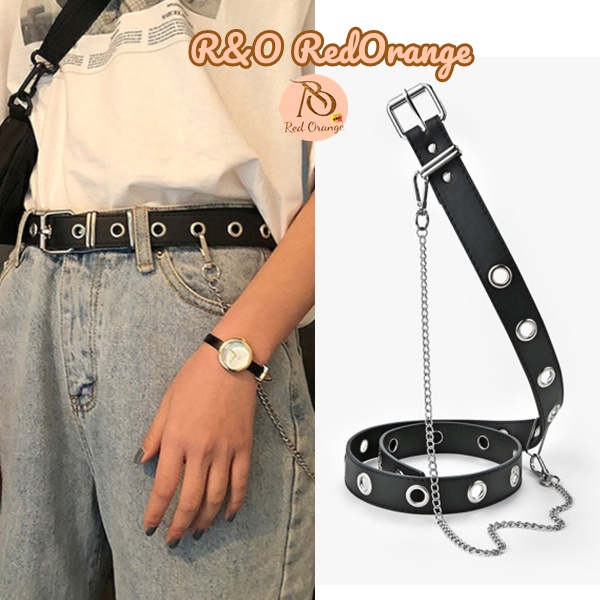 R&O Women Punk with Chain Fashion breasted hollow Leather Belts metal ...