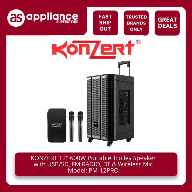 KONZERT 12''600W Portable Trolley Speaker with UAB/SD, FM Radio, BT & 2 ...