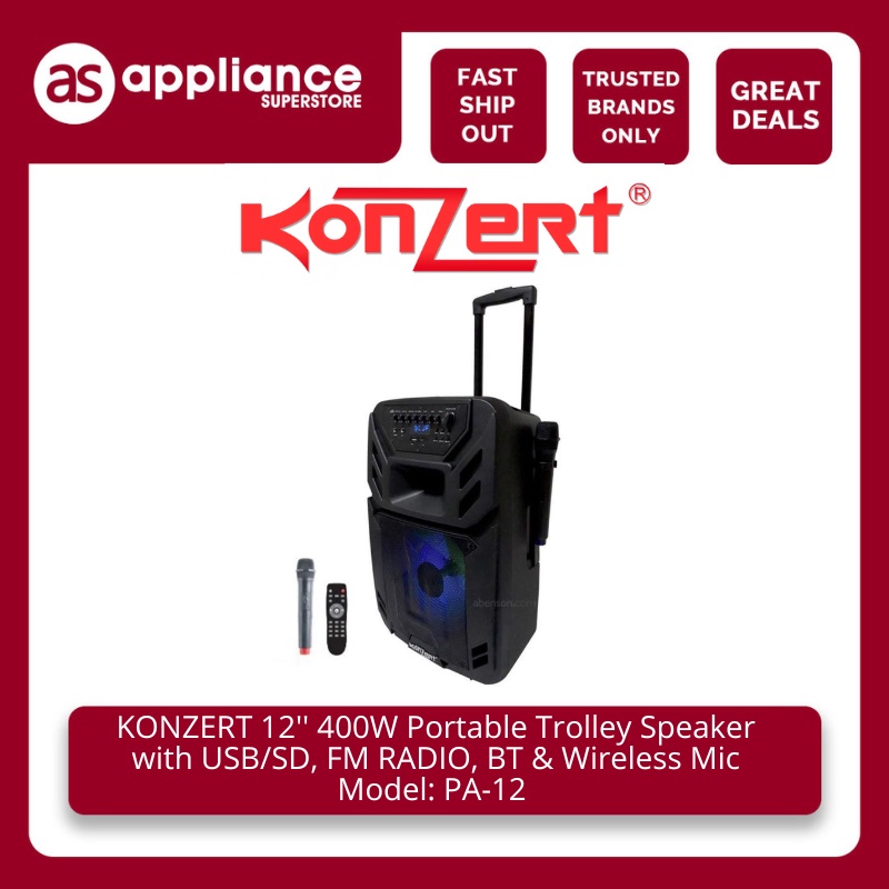KONZERT 12''400W Portable Trolley Speaker with UAB/SD, FM Radio, BT & 2 ...