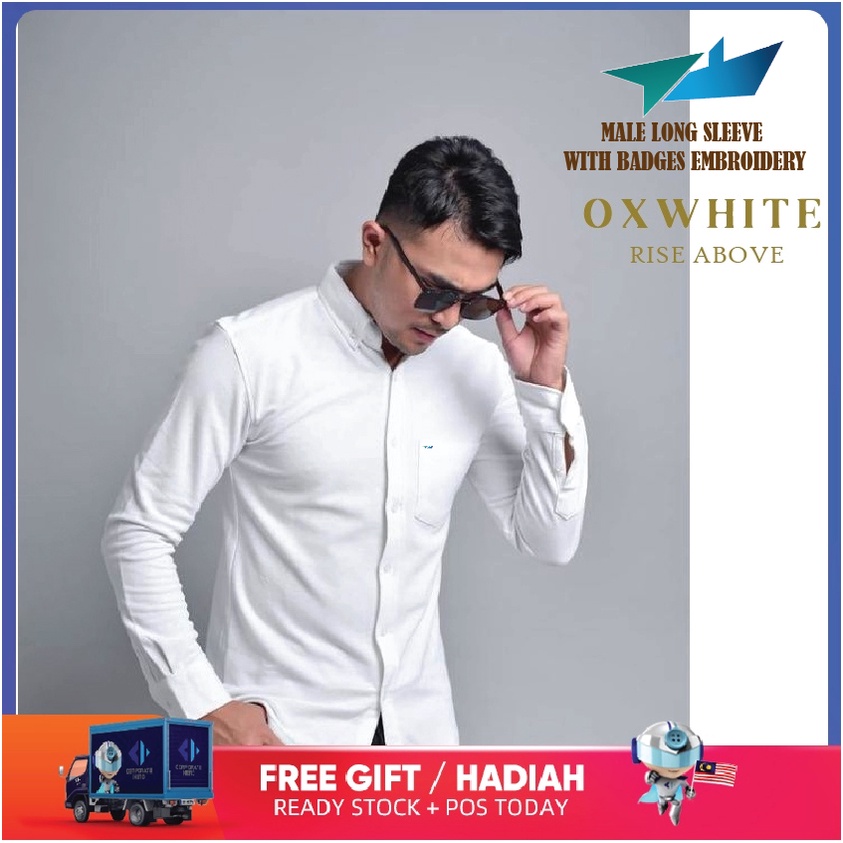 Kemeja Putih OxWhite Men Regular Fit White Color Shirt Long Sleeve - With Badges Embroidery ...