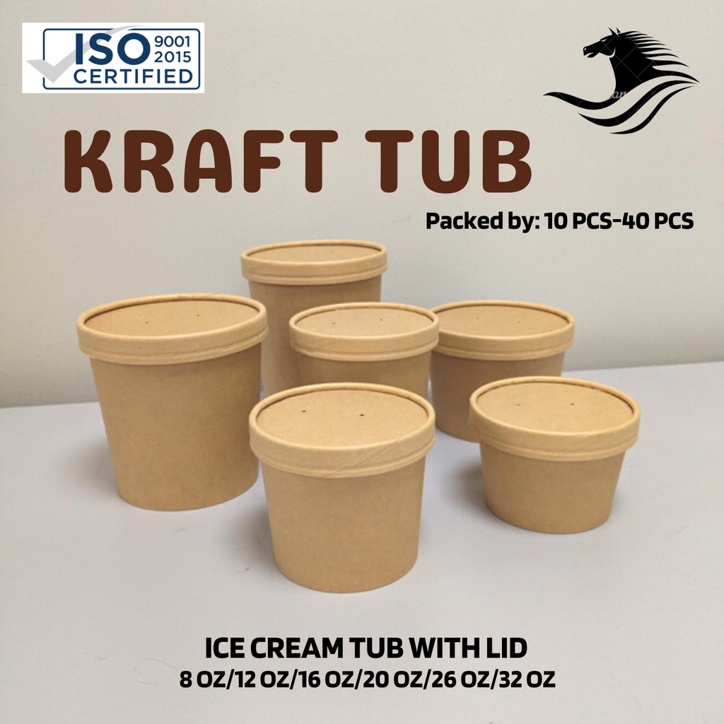 Kraft Paper Tub 8oz 12oz 16oz 20oz 26oz 32oz w/ lid Ice Cream Cup w ...