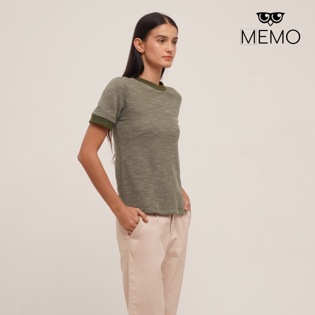 Memo Textured Ringer T-Shirt For Women (Olive) | Shopee Philippines