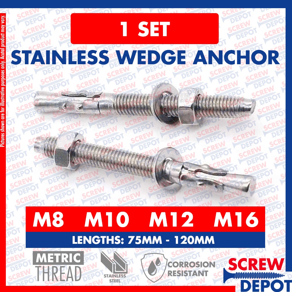 1SET M6 M8 M10 M12 Stainless Wedge Anchor / SS Through Bolt for ...