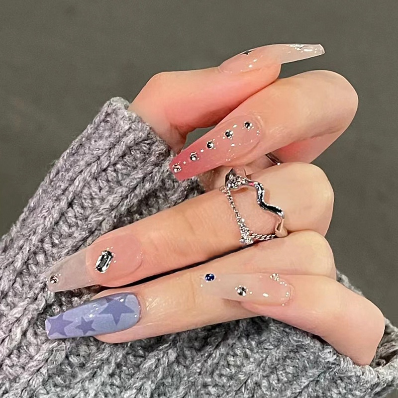 Z486 Tri Color Purple Nude Pink Pastel Star Rhinestone Long Fake Nails ...
